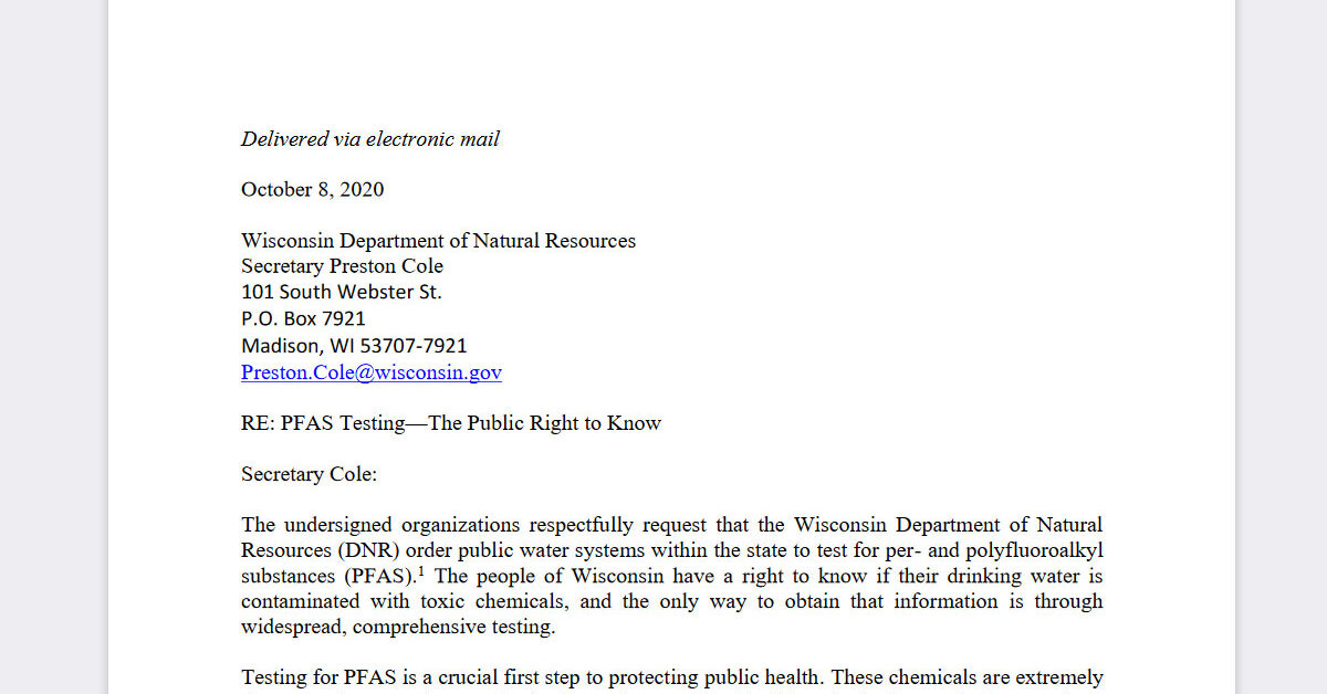 CCW Signs On to PFAS Letter to DNR | Citizens for a Clean Wausau