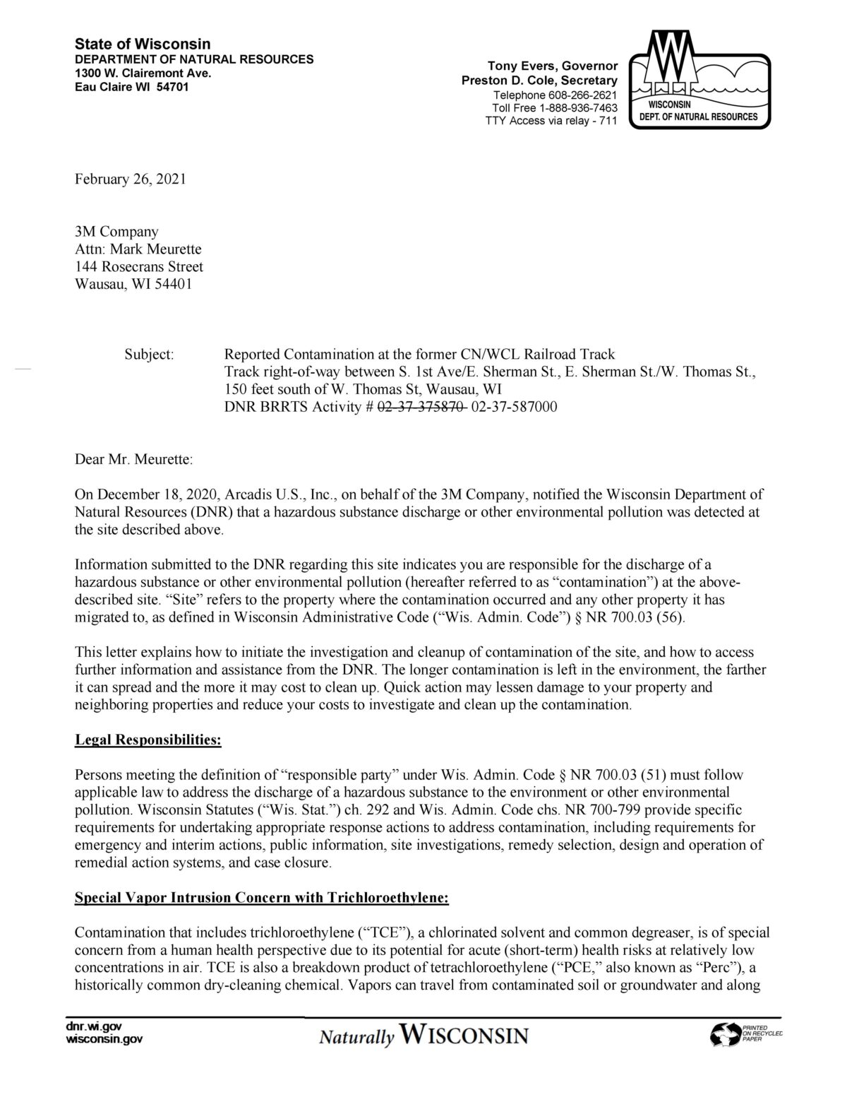 DNR Issues Responsible Party Letter to 3M for Arsenic Soil ...